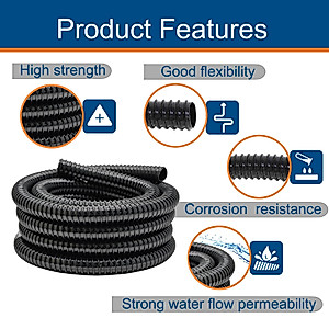 Pamopamo 1 Inch Pond Tubing, 1" ID Corrugated Water Pipe, 20 Feet Length Flexible PVC Hose Pipe with Pipe Fittings, Aquarium, Pond Waterfall, Garden Pond Pump Drainage Tube Black