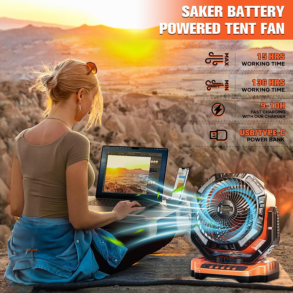 Saker Rechargeable Camping Fan-40000mAh Battery Powered Tent Fans with LED Lantern,Hanging Hook,Auto-Oscillating,Quiet Portable Ceiling Table Fan for Car Travel RV Camp Hurricane Emergency