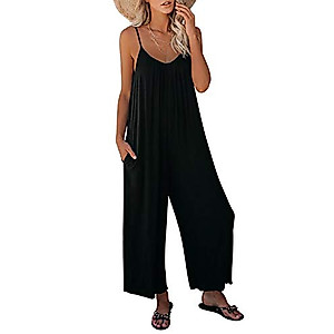 Dokotoo Women's Loose Plus Size Black Jumpsuits for Women Adjustable Spaghetti Strap Stretchy Wide Leg Solid One Piece Sleeveless Long Pant Romper Jumpsuit with Pockets 2XLarge