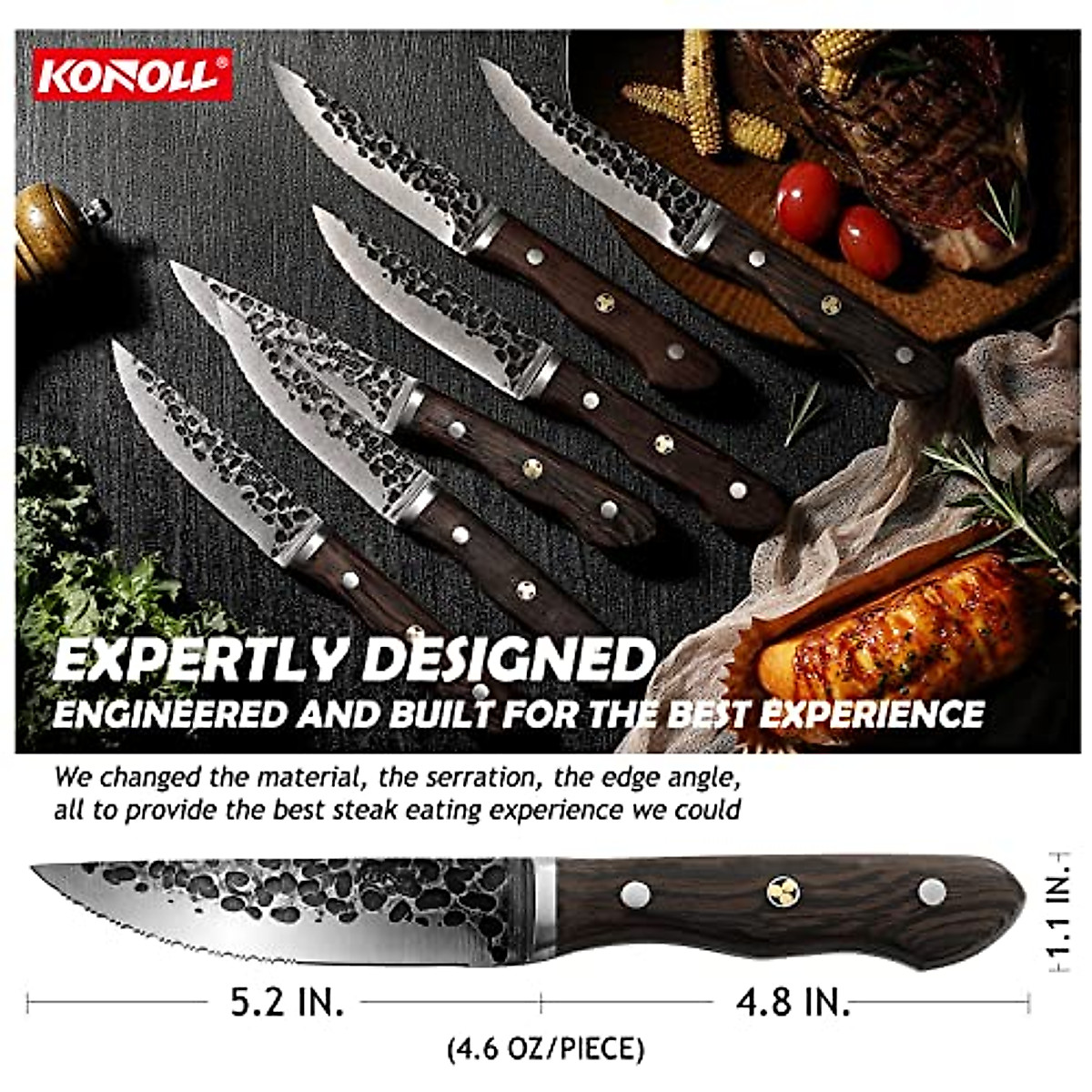 KONOLL Steak Knives Set of 6 Steaks Knife Serrated Blade Forged Handmade German High Carbon Steel Full Tang Handle
