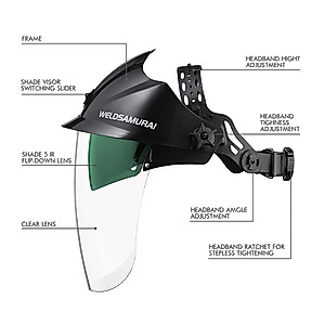Weldsamurai Face Shield for Grinding, Multi-Purpose Safety Mask Shade 5 - Anti-UV/IR & Anti-Fog & Anti-Scratch Coated Clear Lens