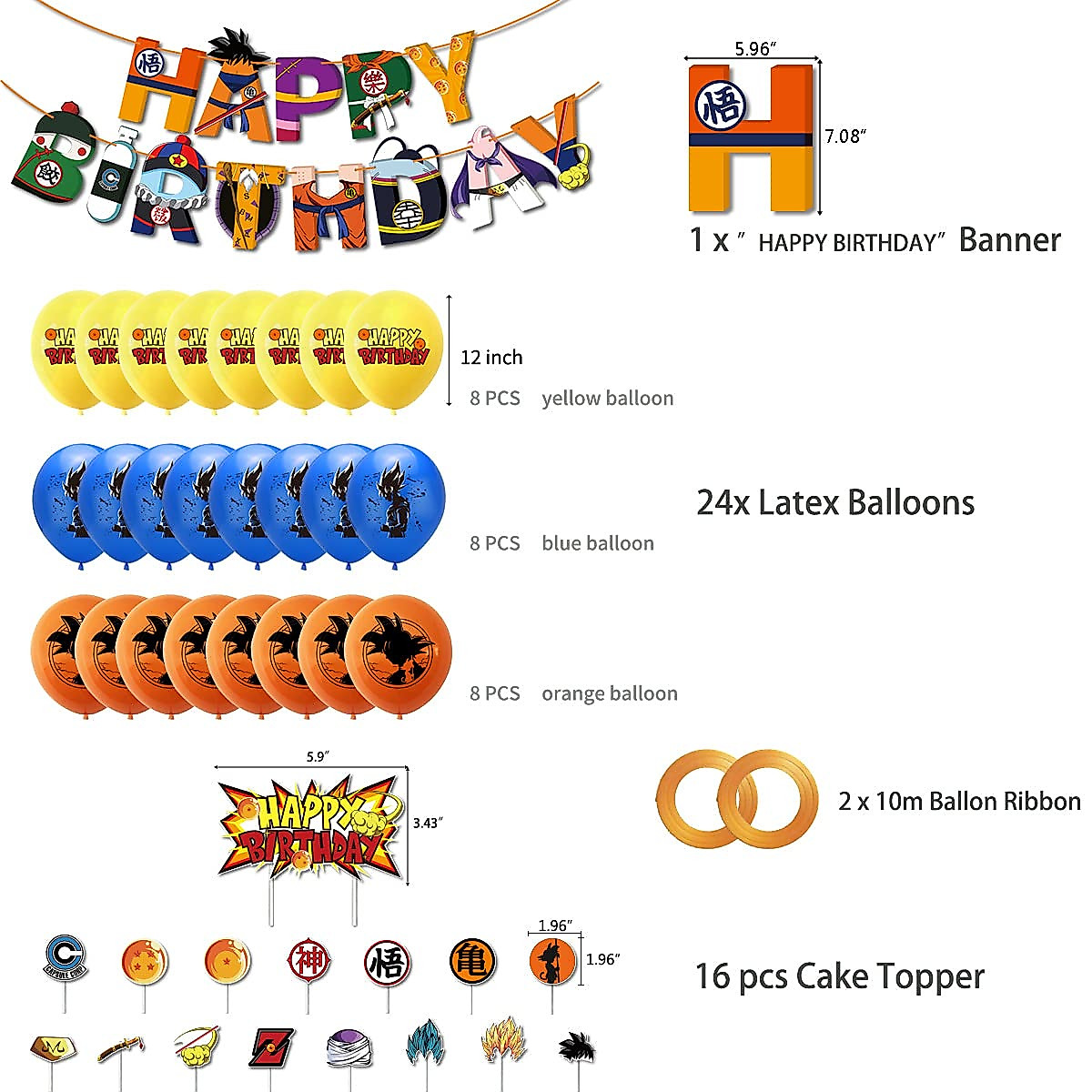 HONGFENG Birthday Party Supplies Set,Includes Happy Banner - Cake&Cupcake Toppers - 24 Latex Balloons for Kids Theme Birthday Party Decoration