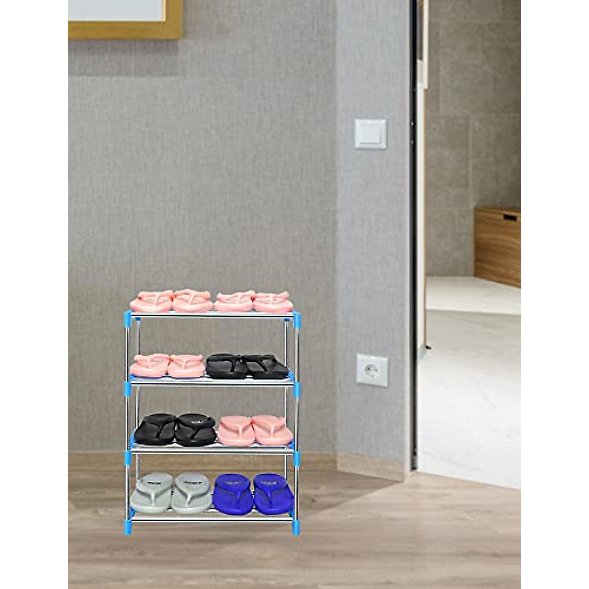 LNYZQUS Upgrade 4 Tier Small Shoe Rack, Kids Show Rack Closet Shoe Organizer,Compact Stackable Shoe Shelf Shoe Stand Floor Shoe Rack for Narrow Space,Zapateras Organizer for Shoes (Blue)