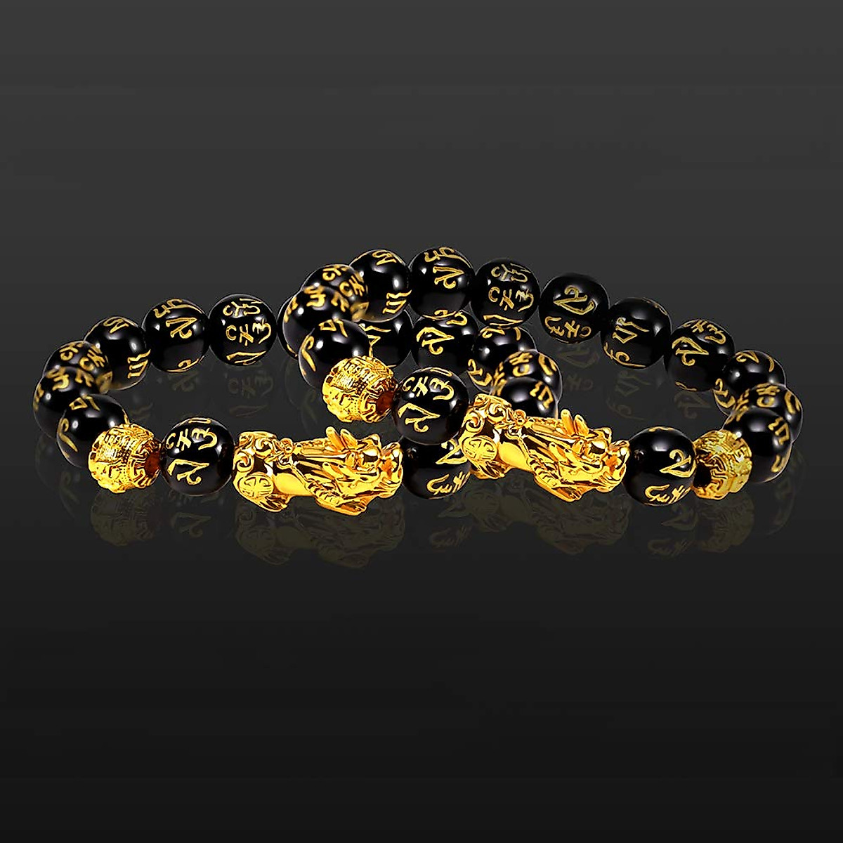 EnjoIt 2Pcs 12mm Hand Carved Mantra Stone Feng Shui Elastic Bracelet Pi Xiu Bracelet Wealth Bracelet for Mens Womens C2239