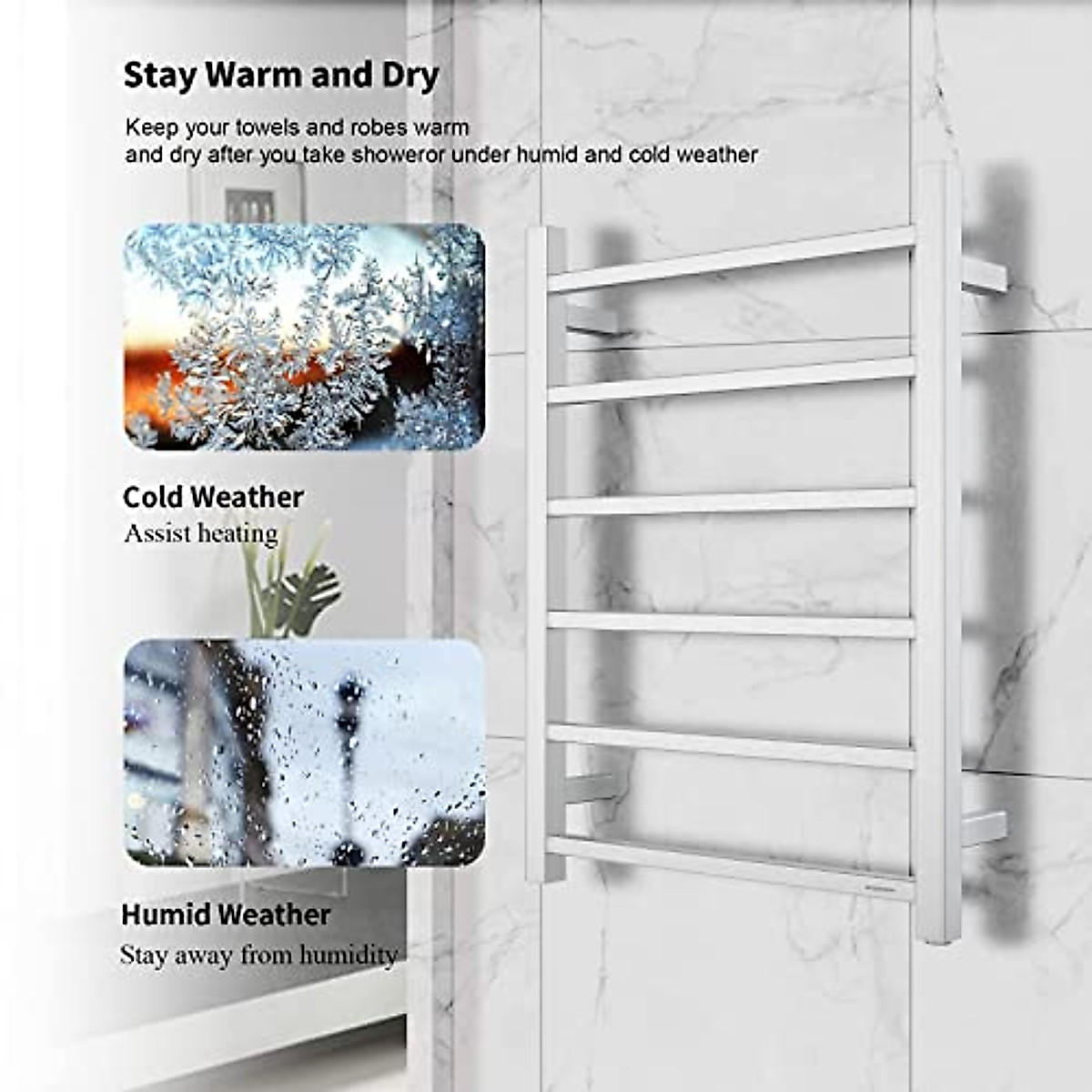 SHARNDY Towel Warmer Brushed Nickel for Bathroom Wall Mounted Bath Towel Heater Plug-in Square 6 Bars Drying Rack Stainless Steel Electric Heated Towel Rack ETW13 68W 26.77x20.47x4.13 inches