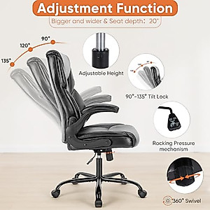 OLIXIS Ergonomic Home Office Desk Chair - Executive Big Tall High Back with Comfy Lumbar Support & Flip Up Armrest, PU Leather Computer Gaming Task Chairs with Swivel Wheels, Height Adjustable, Black