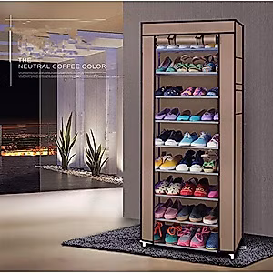 WINGOOD Room-Saving 9 Lattices 10 Tiers Non-Woven Fabric Shoe Rack Shoes Organizer (Coffee)