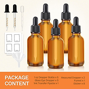 Bumobum 5 Pack, 1 oz Dropper Bottle with 2 Extra Graduated Calibrated Glass Dropper (1ml), Amber Glass Dropper Bottle 30ml Empty Dark Brown Tincture Bottles Eye Dropper for Essential Oils, Liquids