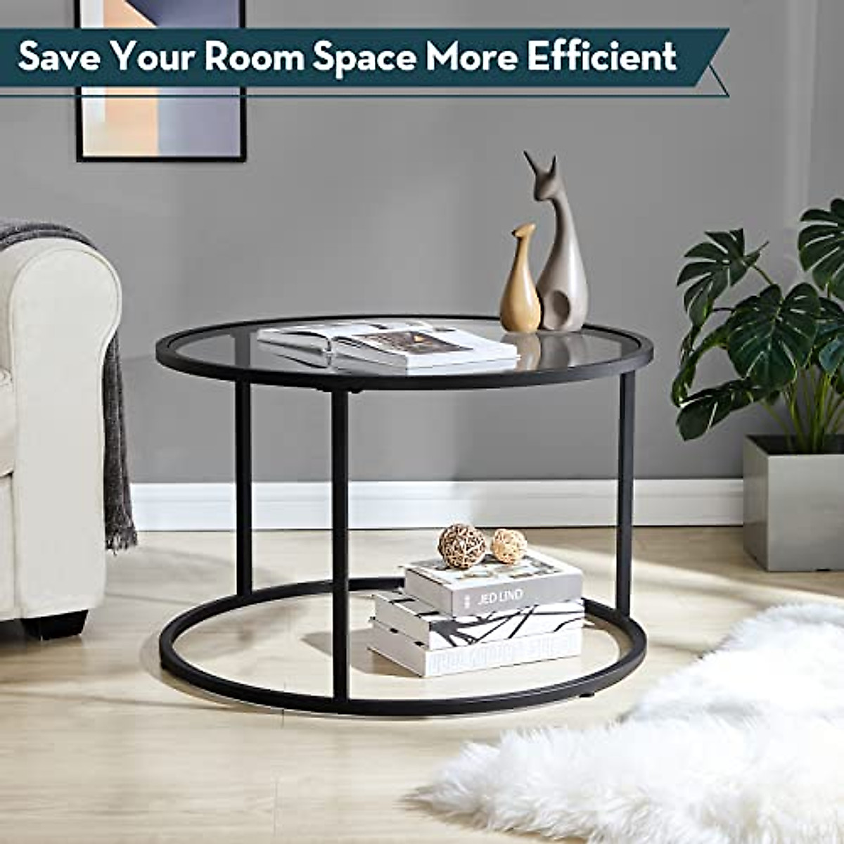 SAYGOER Round Coffee Table Glass Coffee Tables for Small Space Simple Modern Center Table for Living Room Home Office, Sofa Side Table with Metal Steel Frame, Easy Assembly, Gray Black