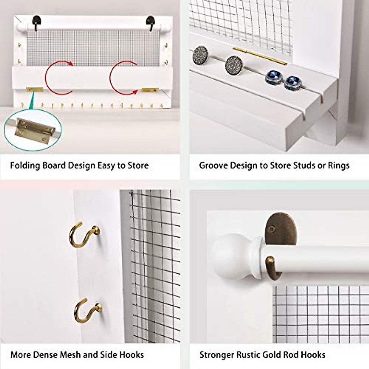 VIEFIN Rustic Jewelry Organizer Wall Mounted Jewelry Holder, Wood Earring Holder Display With Shelf And Hooks, Removable Rod For Bracelet Necklace Ring Bracelet - White