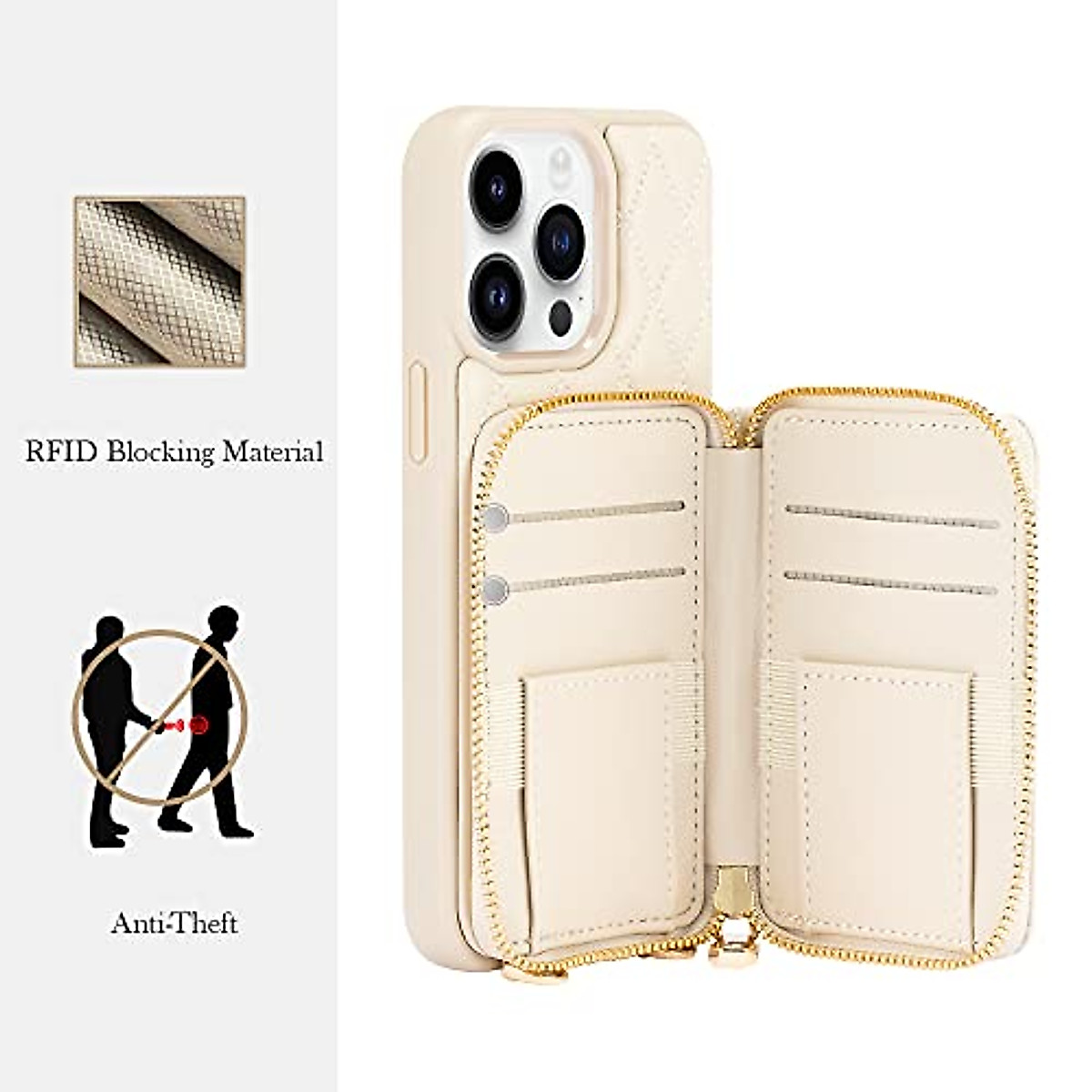 LAMEEKU iPhone 14 Pro Max Wallet Case with Card Holder & Crossbody Chain, RFID Shockproof, 6.7 Inch - Beige