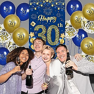 30th Birthday Party Decorations for Men Navy Blue Gold Happy 30th Birthday Banner with 18pcs 30th Balloons 30th Door Cover Backdrop for Men Women Birthday Anniversary Party Sign Porch Decor Supplies