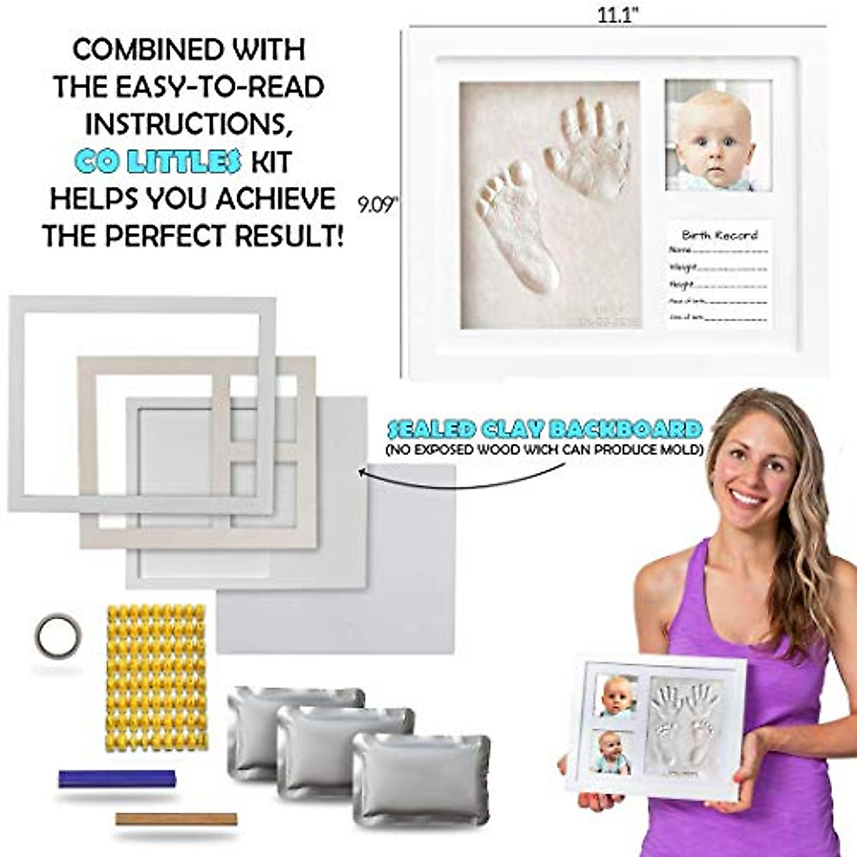Co Little Baby Handprint & Footprint Kit (Date & Name Stamp) Clay Hand Print Picture Frame for Newborn - Best New Mom Gift - Foot Impression Photo Keepsake for Girl & Boy - White Feet Imprint Mold