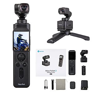 FeiyuTech Pocket 3 kit -Remote Handle&Camera 4K 60FPS Camera with Handheld 3-Axis Stabilizer, Pocket Action Camera, AI Tracking, Detachable Handle, Magnets for YouTube TikTok Video Vlog