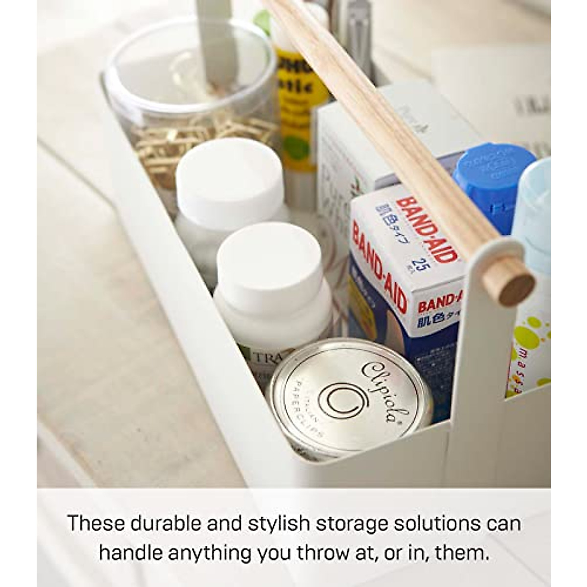 Yamazaki Caddy Home Storage Handle Organizer | Steel + Wood | Large | Baskets and Bins, One Size, White