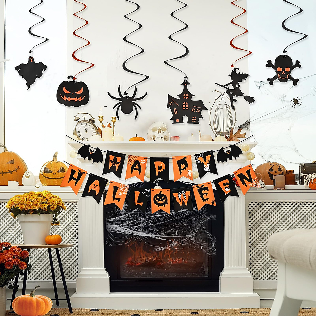 AhfuLife Halloween Party Decorations Set, Reusable Halloween Indoor Decorations Kit Including Happy Halloween Paper Banner for Home Decor, Trick or Treat Banner Sign, Hanging Swirl, Pumpkin Bat Banner