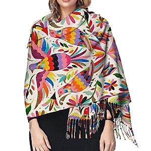 QBahoe Mexican Floral Ethnic Art Birds Paisley Cashmere Scarf For Women Men Lightweight Oversized Fashion Soft Winter Scarves Fringe Shawl Wrap