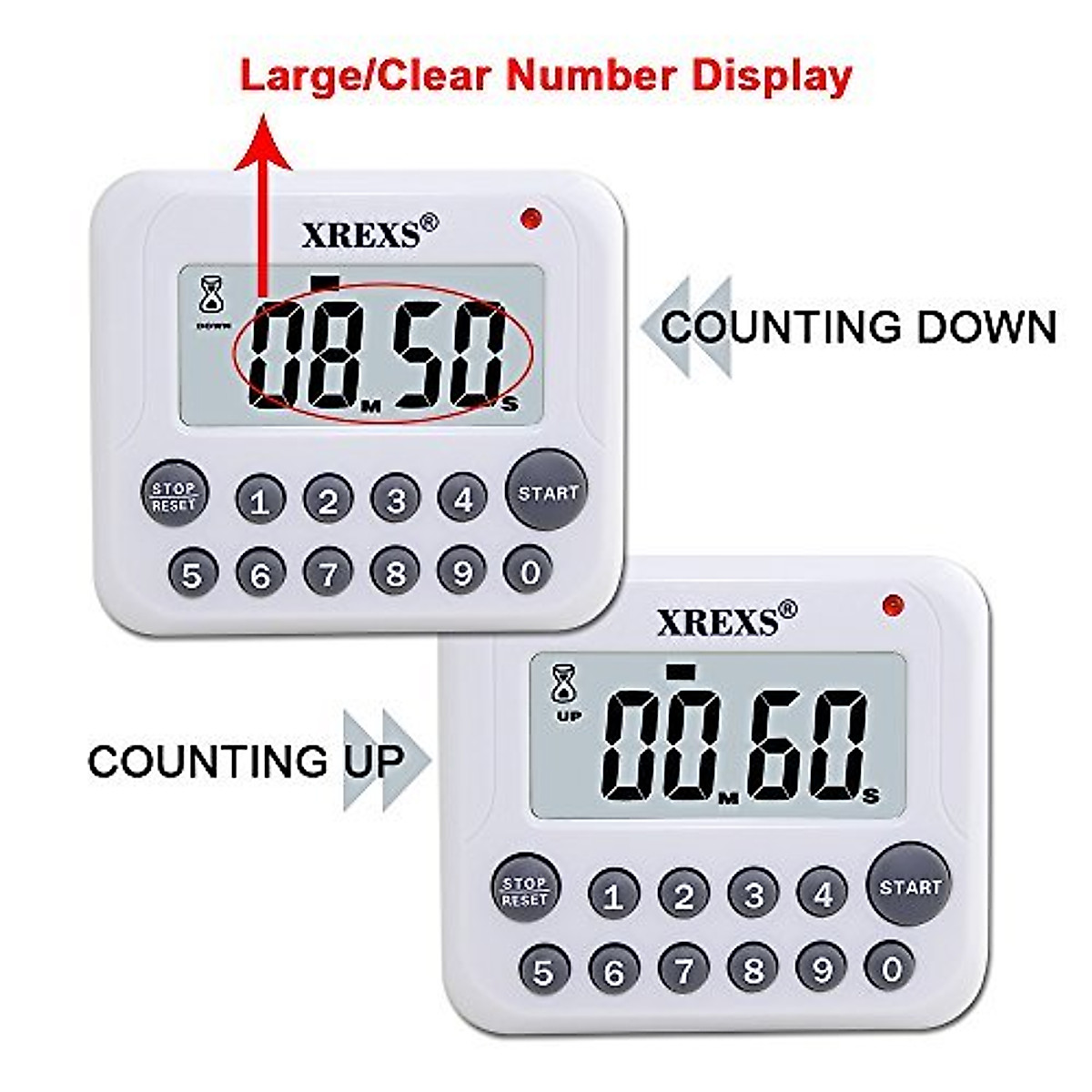 XREXS Digital Kitchen Timer Magnetic Countdown Up Cooking Timer Clock with Magnet Back and Clip, Loud Alarm, Large Display Minutes and Seconds Directly Input-White (2 Battery Included) (DC-12)