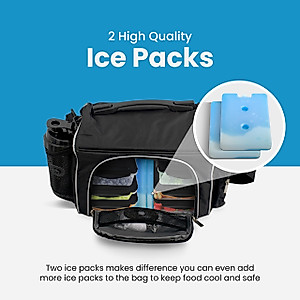 TO GO Meal Prep Bag Insulated Lunch Meals Bag W/6 Portion Control Containers,2 ICE PACKS, Shaker, Pill Box,With an Adjustable shoulder. bag for meals (black) New Design