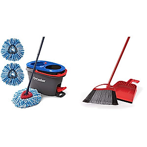 O-Cedar EasyWring RinseClean Microfiber Spin Mop & Bucket Floor Cleaning System with 2 Extra Refills and Pet Pro Broom & Step-On Dustpan PowerCorner, Red