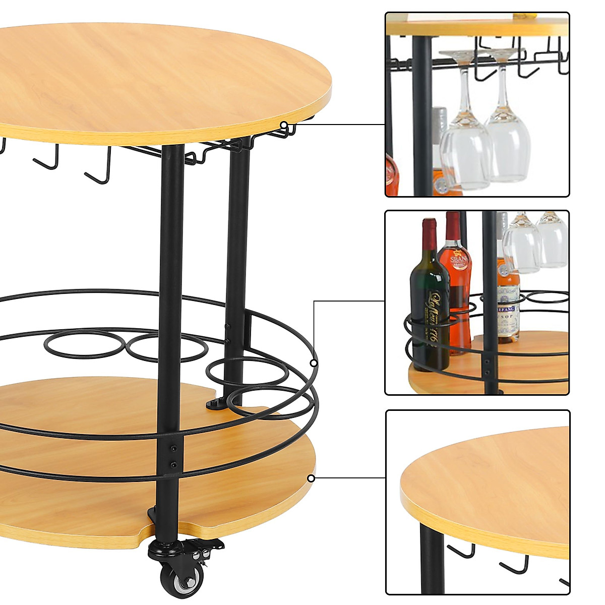 Small Bar Cart with Wheels, 2 Tier Serving Cart for Home Mobile Round Coffee Table Bearing 130 LBS Rolling Beverage Drink Cart, Coffee Corner Station with Wine Rack for Living Room Bedroom Office