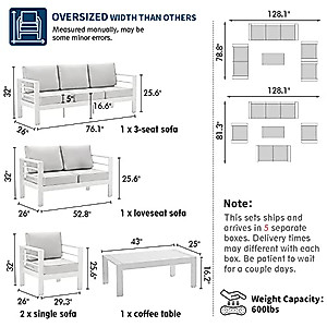 UDPATIO Oversized Aluminum Patio Furniture Set, Modern Metal Outdoor Patio Conversation Sets, Patio Sectional Sofa w/ 5 Inch Cushion Coffee Table for Poolside, Deck, White (Include 4 Sofa Covers)