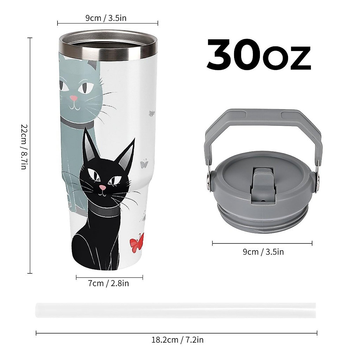 30oz Stainless Steel Insulated Tumbler with Flip Lid & Straw, Leakproof Travel Mug for Car, Black And White Cats Double Wall Vacuum Thermal Coffee Cup with Handle, Spill-Proof Design for Hot/Cold Drin