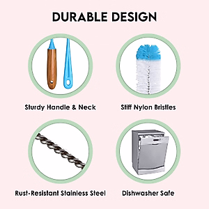 Turbo Microfiber Bottle Brush Cleaner Pack - Set of 5 Long, Cleaning Brushes for Baby Bottles, Water Bottles, Straws, Tumblers, Wine Decanters and Flask - Kitchen Supplies