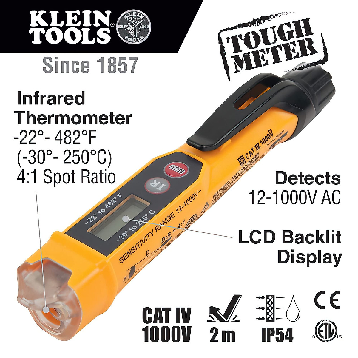 Klein Tools NCVT-4IR Non-Contact Volt Tester, 12-1000V AC Pen with IR Thermometer -22 to 482 deg F & Klein Tools ET310 AC Circuit Breaker Finder, Electric Tester with Integrated GFCI Outlet Tester