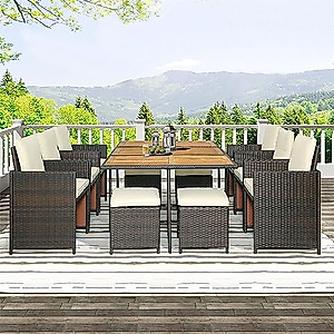 Merax 11-Piece Patio Furniture Set, All-Weather PE Wicker Dining Table Set with Wood Tabletop, Foldable 6 Chairs and 4 Stools, Space-Saving Design, Brown Rattan Beige Cushions Zippered