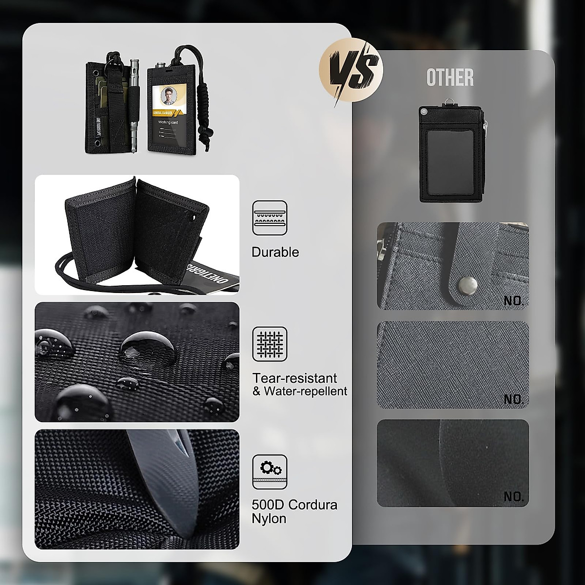 OneTigris Tactical ID Card Holder Hook & Loop Patch Badge Holder Neck Lanyard Key Ring and Credit Card Organizer (Black)