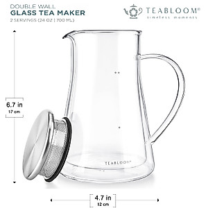 Teabloom Insulated Teapot – Tea Maker For Two (24 oz / 2 Mugs) – Double Wall Glass Tea Steeper with Stainless Steel Filter Lid for Loose Leaf Tea – Milano Collection