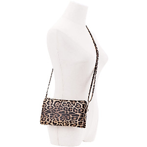 B BRENTANO Vegan Leather Multi-Pocket Crossbody Purse/Clutch with Card Slots, Removable Wristlet & Adjustable Shoulder Strap (Leopard Black)