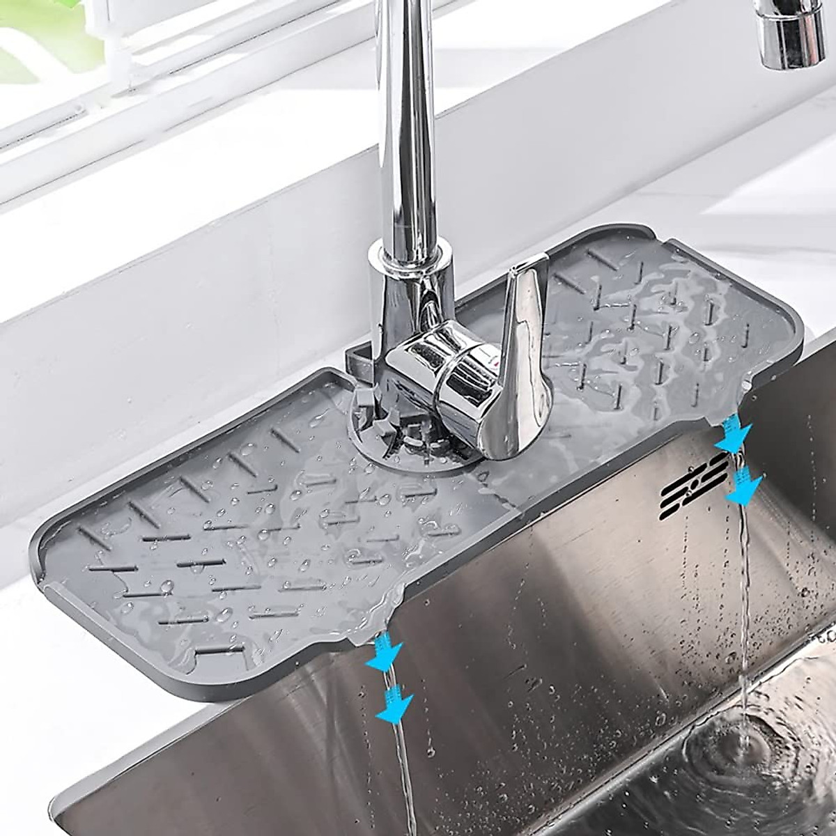 kukifun Silicone Faucet Handle Drip Catcher Tray,Kitchen Sink Faucet Splash Guard,Silicone Tap Drip Tray,Silicone Draining Mat,Kitchen Sink Mat,Silicone Drying Mat,Sink Protector,Gray,A Style