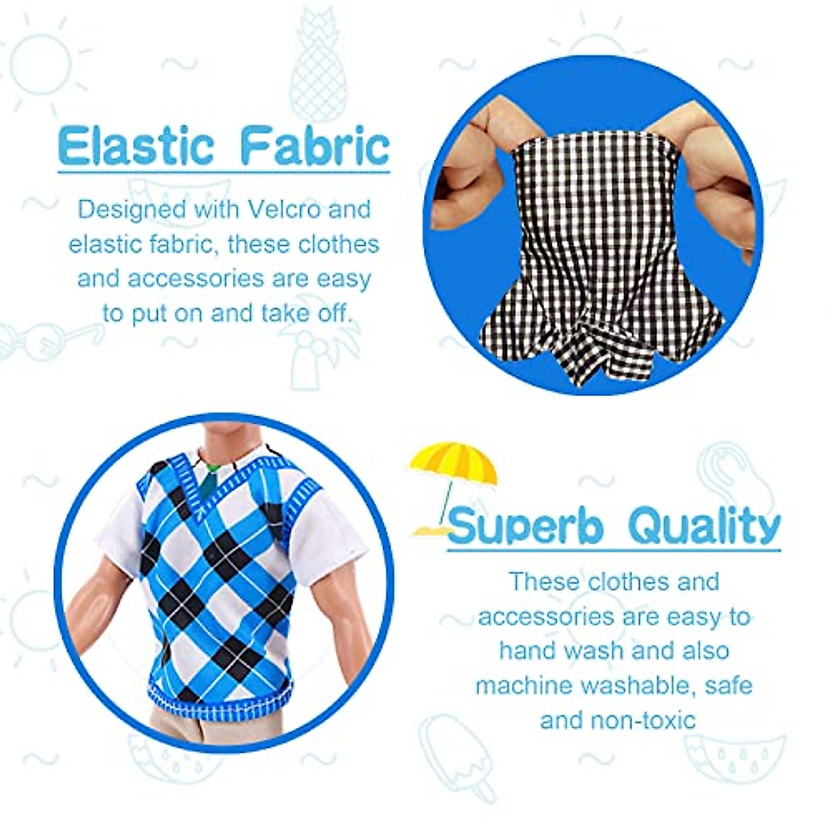 33 PCS Doll Clothes and Accessories for Ken Doll Including 5 Tops 5 Pants Casual Wear in Random 4 Pair of Shoes Hangers Glasses Earphone Guitar Surfboard Swimming Ring for 12 Inch Boy Doll