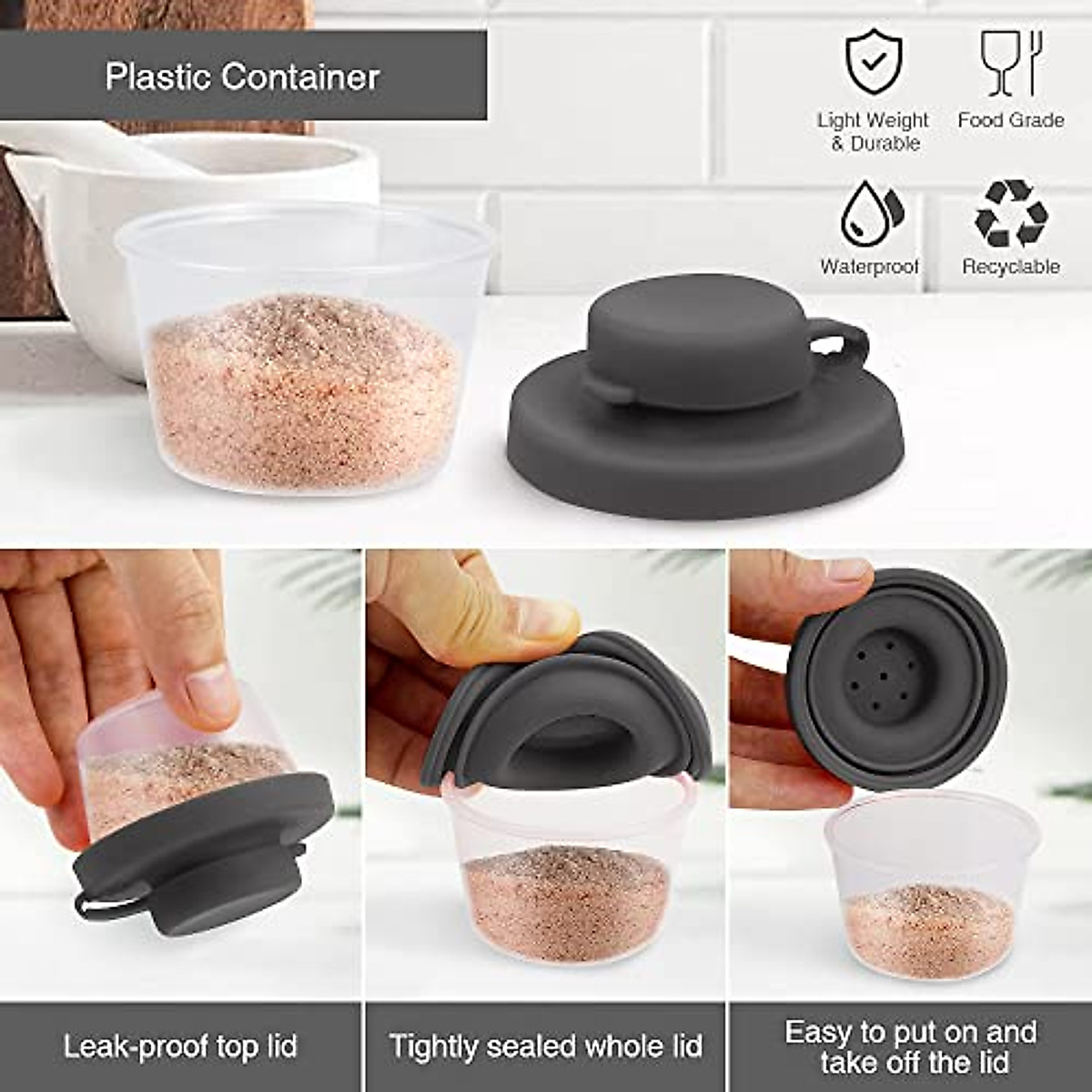 Sophico Mini Salt and Pepper Shakers with Moisture Proof Lids, 1.6oz Small Spice Shaker containers to go for Outdoor Camping Travel Picnic Lunch Boxes(DARK GREY- 3 PACK)