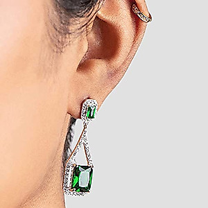 Jewelili Sterling Silver Octagon Simulated Emerald and Round White Clear Crystal Dangle Earrings