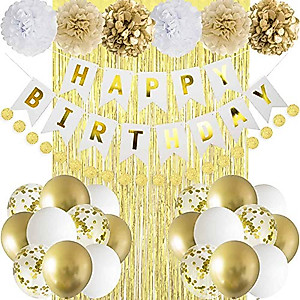 ANSOMO Gold Happy Birthday Party Decorations Banner Balloons Foil Fringe Curtains - Gold & White
