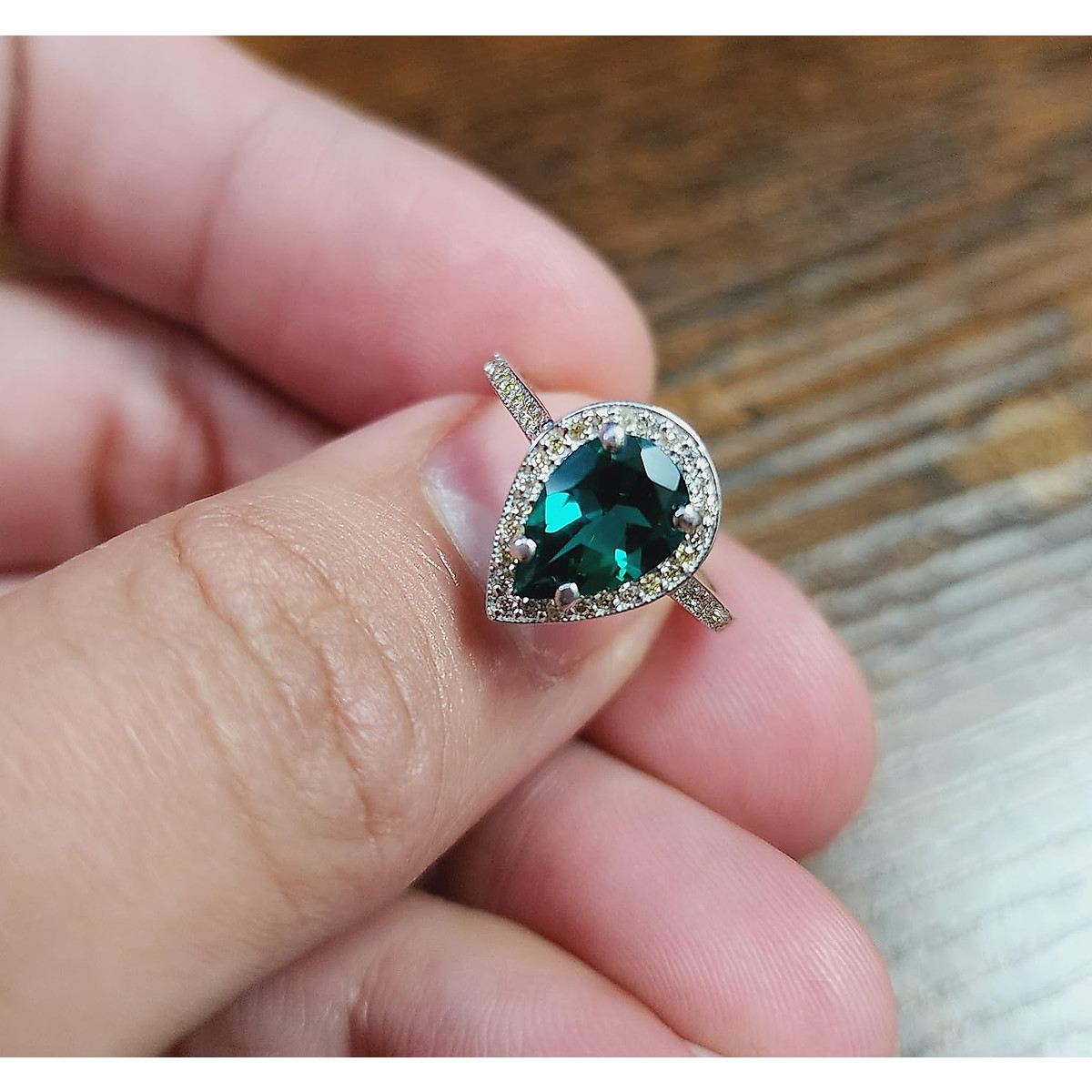 Galaxy Gold GG Stunning 1.69 Carat Total Weight 14K Solid White Gold Emerald and Natural Diamond Halo Ring Brilliant Pear Cut Tear Drop Shape Round Diamonds (6)