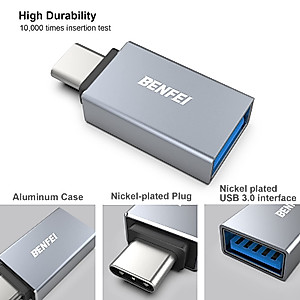 BENFEI USB C to USB 3.0 Adapter, 3 Pack USB C to A Male to Female Adapter Compatible with iPhone 15 Pro/Max, MacBook Pro/Air 2023, iPad Pro, iMac, S23, XPS 17, Surface Book 3 and More - Gray
