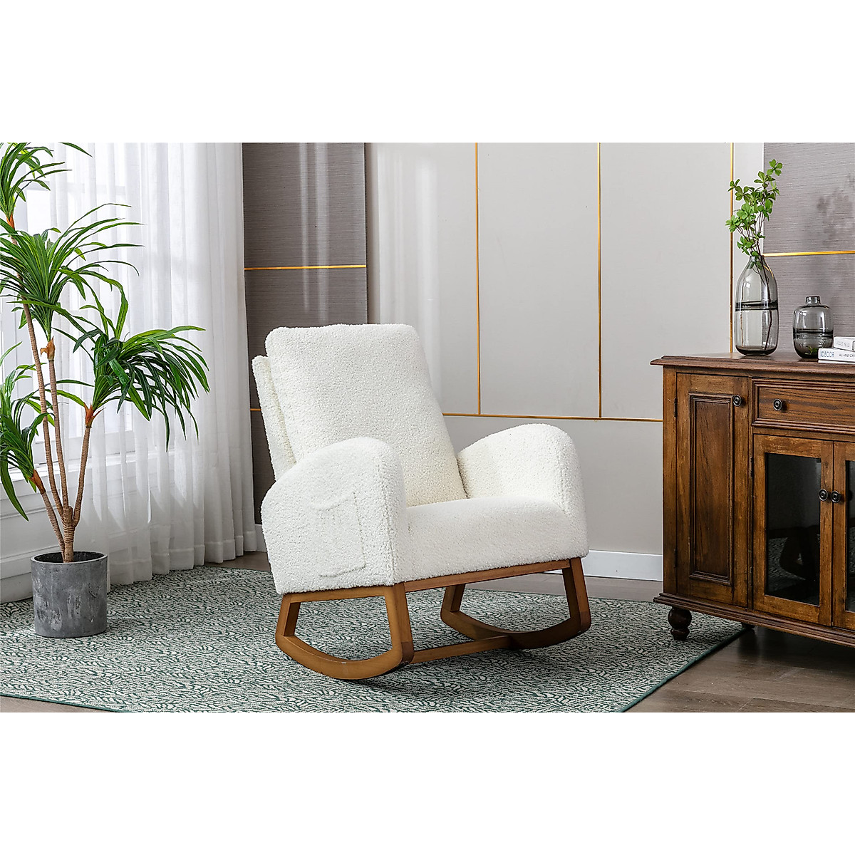 Luccalily Rocking Accent Chair, Upholstered Rocking Glider Chair with Fabric Padded Seat and Solid Wood Base, Armchair with Side Pocket for Nursery,Modern Design for Living Room, Bedroom