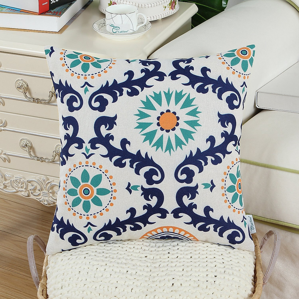 CaliTime Canvas Throw Pillow Cover Case for Couch Sofa Home Decoration Three-Tone Dahlia Floral Compass Geometric 20 X 20 Inches Navy/Teal/Orange