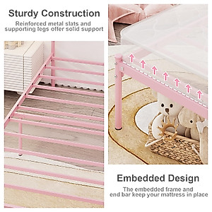 Weehom Twin Bed Frames with Headboard, Elegant Princess Bed for Girls Heavy Duty Metal Platform Bed Easy Assembly Under Bed Storage Space Twin Bed for Kids Adults, Pink