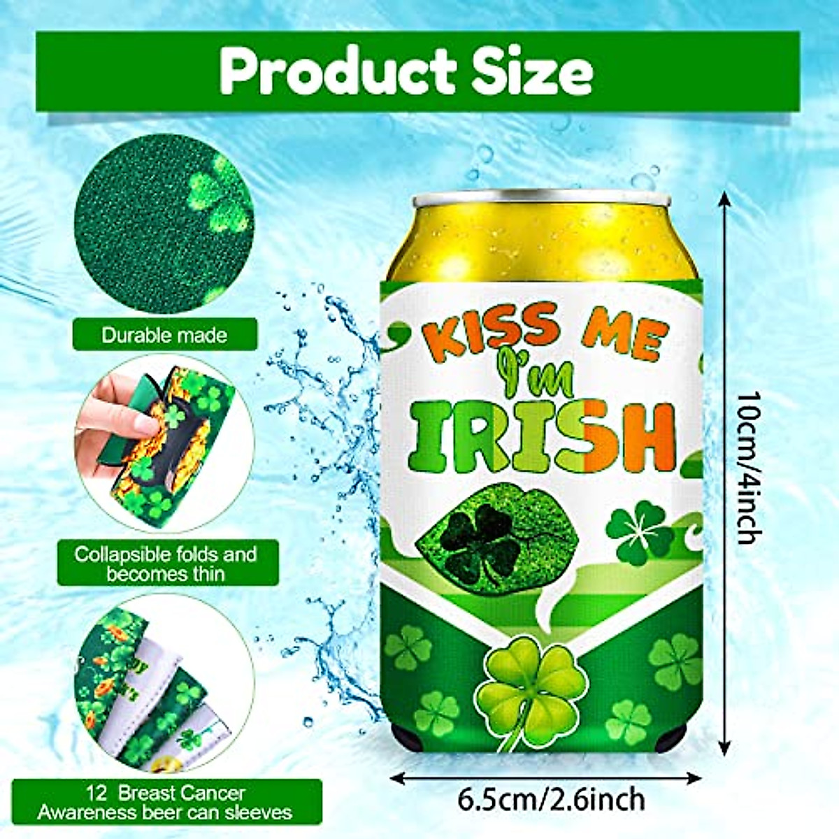 12 Pcs St. Patrick's Day Can Coolers Sleeves Lucky Green Shamrock Decoration Saint Patrick's Day Can Sleeves Congrats Beverages Soda Bottle Insulated Neoprene Cover for Irish Holiday Party Supplies