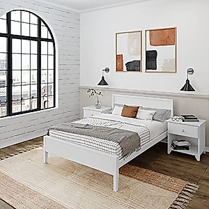 Plank+Beam Solid Wood Full Bed Frame with Panel Headboard, Modern Full Platform Bed with Wood Slat Support, No Box Spring Needed, White