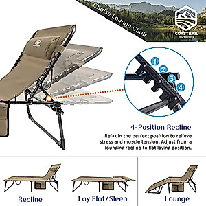 Coastrail Outdoor Folding Chaise Lounge Chair 28 inch Wide, 4 Position Recline Textilene Waterproof Patio Chaise with Pocket and Pillow for Beach,Tanning, Lawn, Supports 400lbs, Beige,X-Large