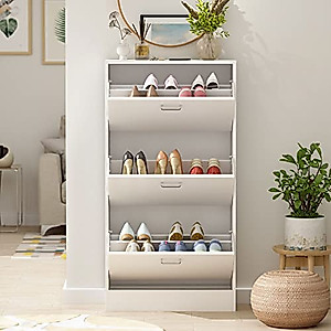 DiDuGo Tiny Shoe Cabinet with 3 Flip Drawers, Shoe Storage Cabinet for Entryway White (22.4”W x 9.4”D x 42.3”H)