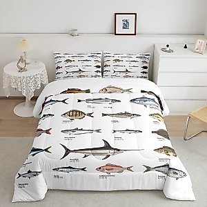 Bass Fish Comforter Set for Boys Girls Farmhouse Fishing and Hunting Theme Bedding Set, Samll Fish Pattern Duvet Insert Big Pike Fishing Quilt Fishing Lures Hook Hunting Quilted Duvet Twin Size