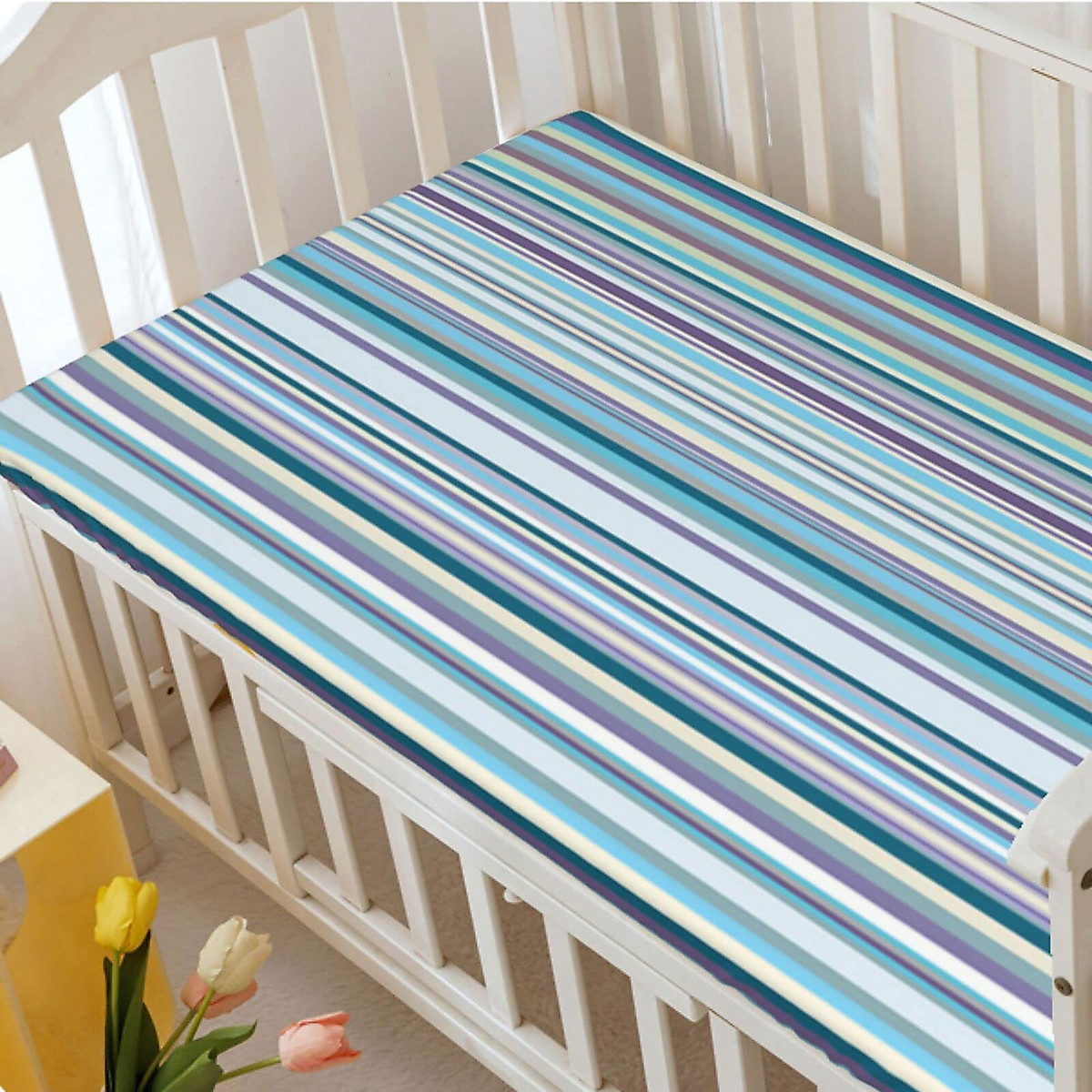 Striped Themed Fitted Mini Crib Sheets,Portable Mini Crib Sheets Soft Toddler Mattress Sheet Fitted-Crib Mattress Sheet or Toddler Bed Sheet,24“ x38“,Blue Lavender Cream
