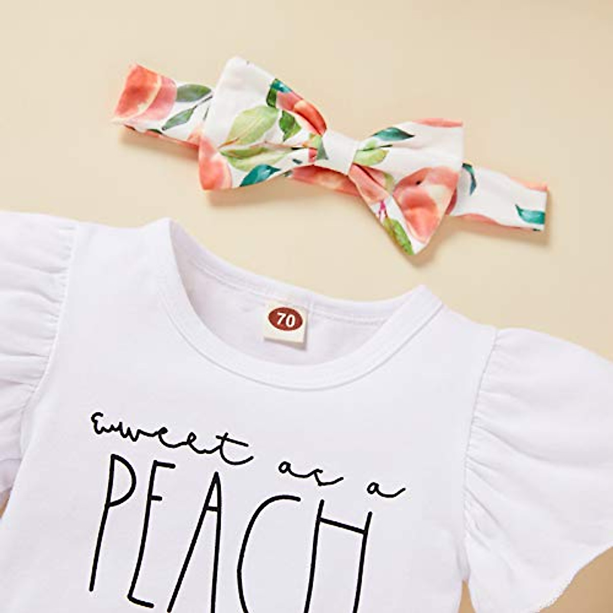 Newborn Baby Girls Clothes Ruffles Summer Romper Floral Bottoms Shorts 3pcs Outfits(Peach,0-3M)